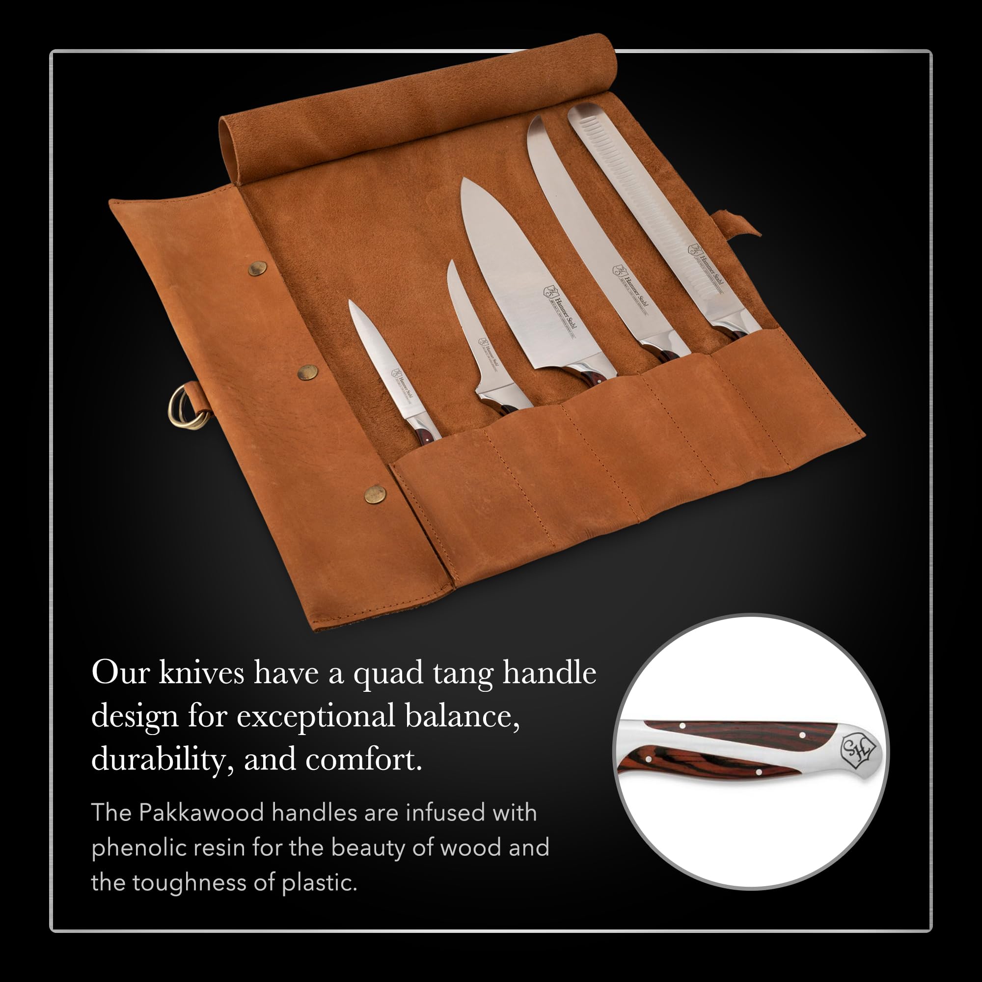 Hammer Stahl BBQ Knife Set | 5 Piece Knife Set with Engraved Leather Roll | Premium Quality Barbecue Knife Set for Meat Cutting | The Essential BBQ Stainless Steel Knife Set | Cutting Knife Set