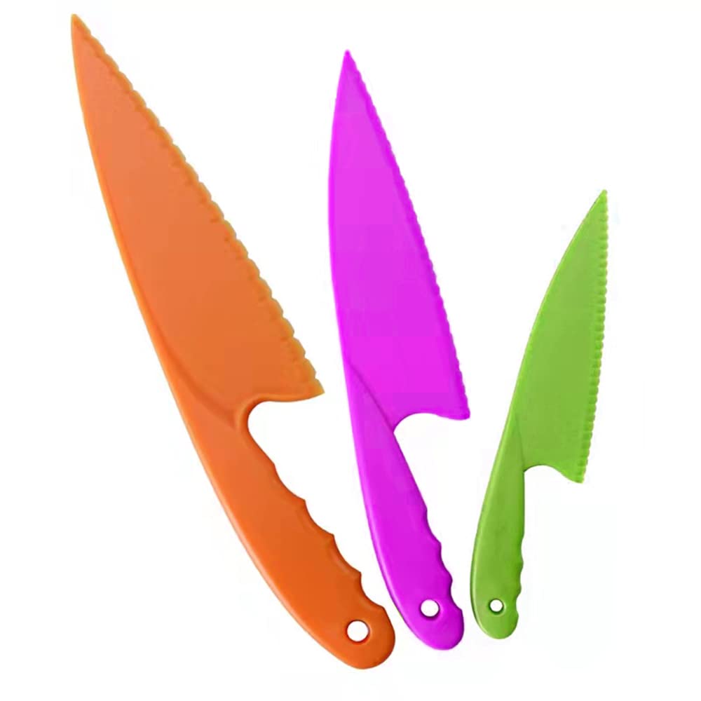 Xaocaige Plastic cake Knife, Children's Kitchen Safety Knife 3 piece set Nylon, Children's cooking knife 3 sizes and colors for cooking and cutting pastries, cake，breads, fruits, vegetables.