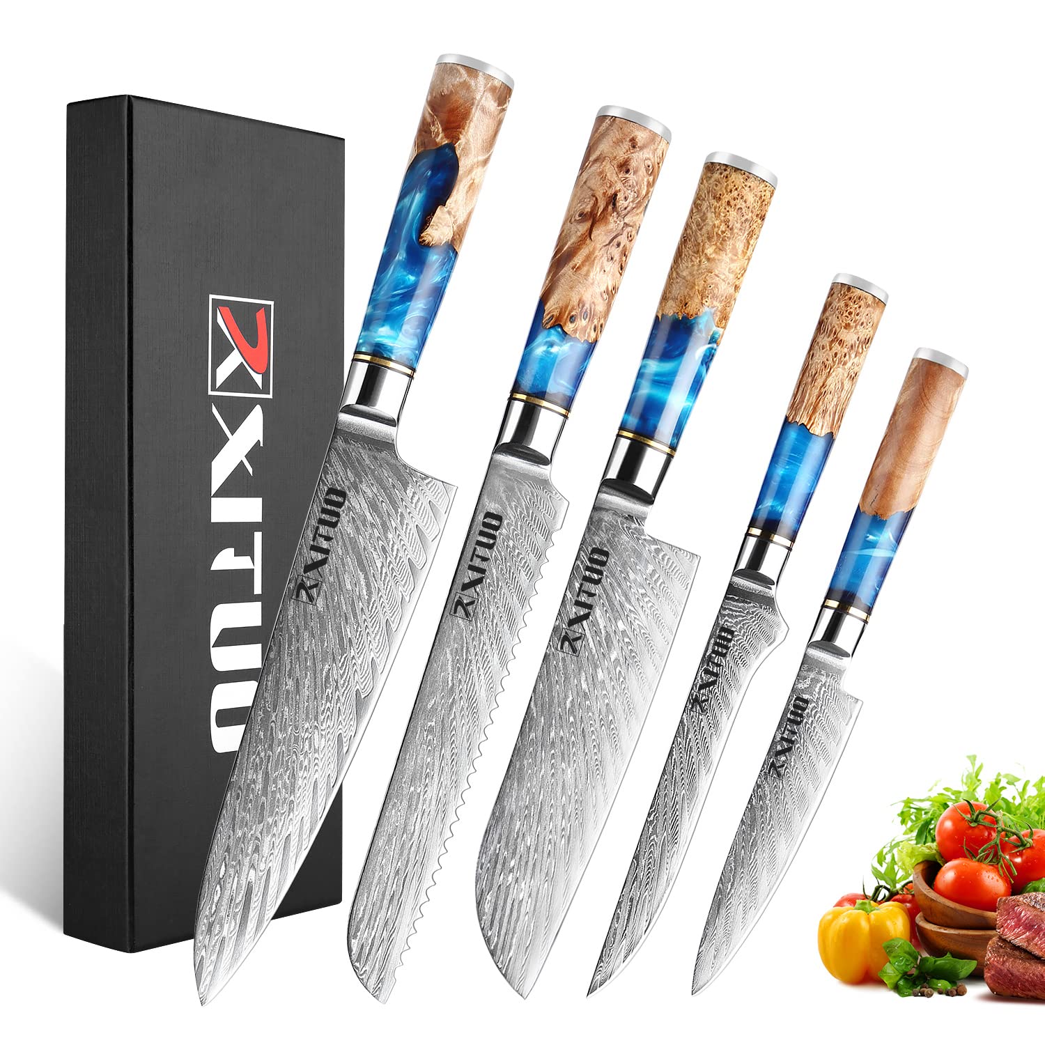 XT XITUO Damascus Steel Knife - 5 Piece Set - Tsunami Collection - 67-Layer Japanese VG10 Steel Core - Unique Blue Resin Wood Handle - Gift Box - w/knife Sheath