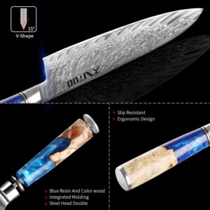 XT XITUO Damascus Steel Knife - 5 Piece Set - Tsunami Collection - 67-Layer Japanese VG10 Steel Core - Unique Blue Resin Wood Handle - Gift Box - w/knife Sheath