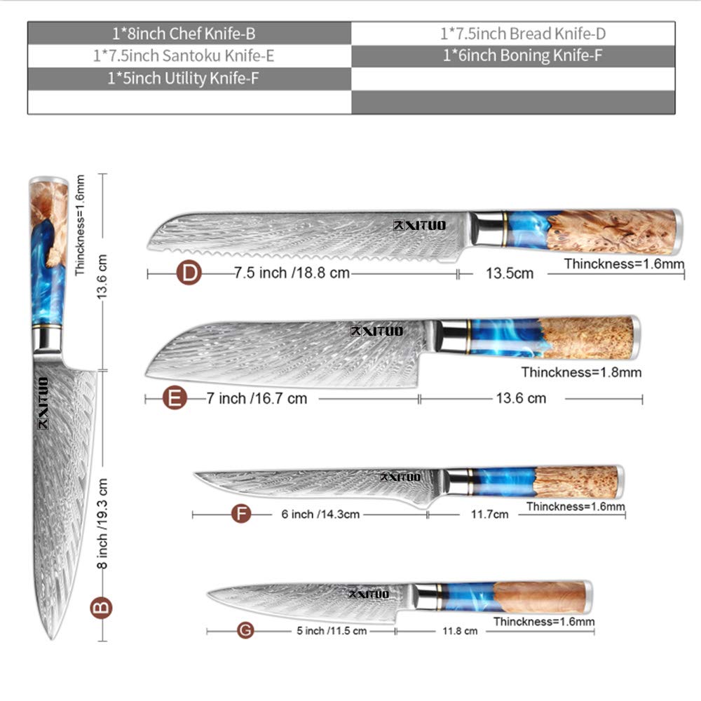 XT XITUO Damascus Steel Knife - 5 Piece Set - Tsunami Collection - 67-Layer Japanese VG10 Steel Core - Unique Blue Resin Wood Handle - Gift Box - w/knife Sheath