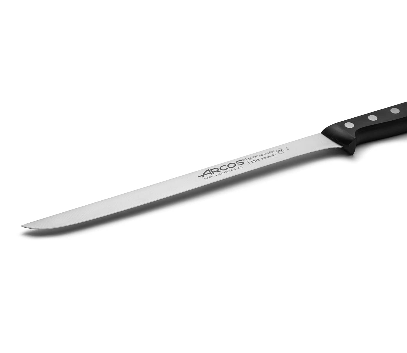 ARCOS Sharp Knife 9 Inch Stainless Steel. Carving Knife to Cut Ham and Meat. Ergonomic Polyoxymethylene Handle and 240mm Blade. Series Universal. Color Black