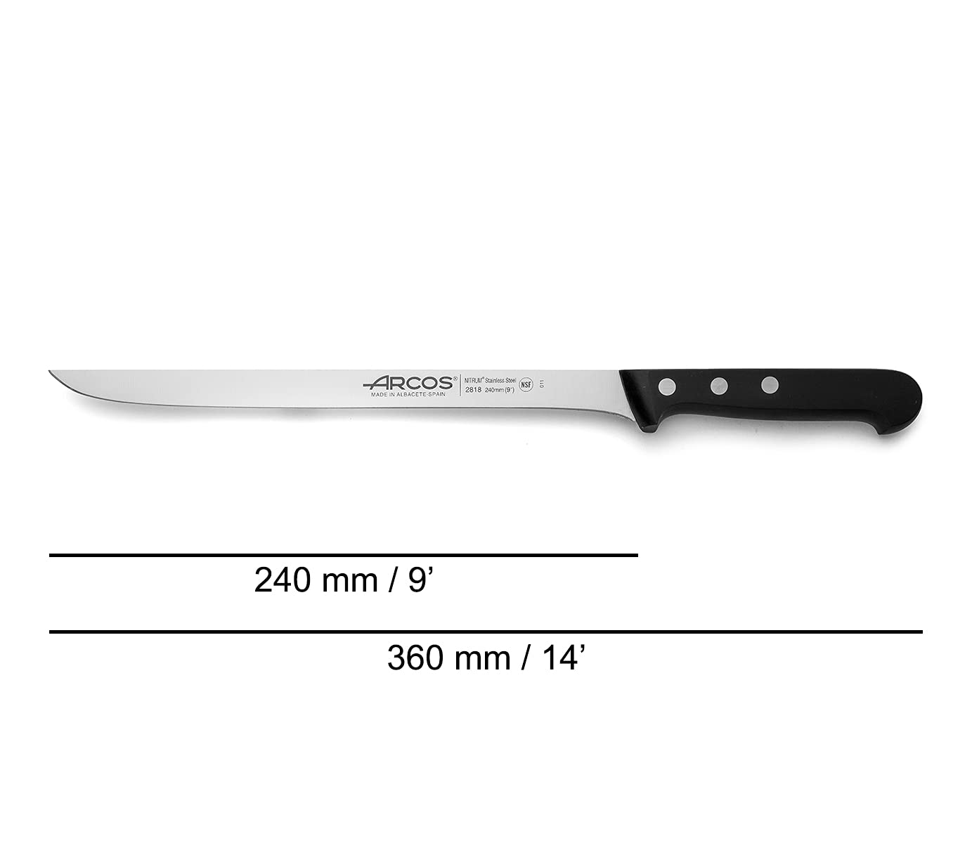 ARCOS Sharp Knife 9 Inch Stainless Steel. Carving Knife to Cut Ham and Meat. Ergonomic Polyoxymethylene Handle and 240mm Blade. Series Universal. Color Black