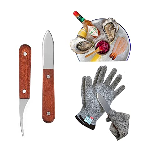 ohsuni Oyster Shucking Knife Oyster Knife, Set of 2 Oyster Shucker with Premium Wood-handle and 1 Pairs Level 5 Cut Resistant Gloves, (2Knifes+1Glove)