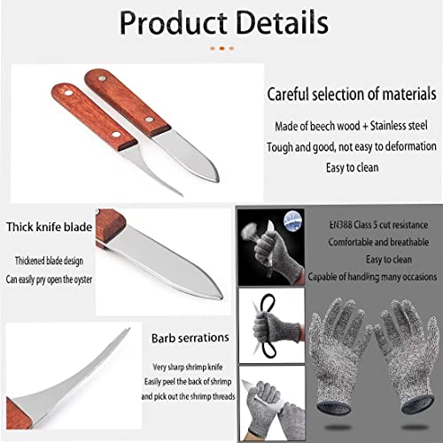 ohsuni Oyster Shucking Knife Oyster Knife, Set of 2 Oyster Shucker with Premium Wood-handle and 1 Pairs Level 5 Cut Resistant Gloves, (2Knifes+1Glove)