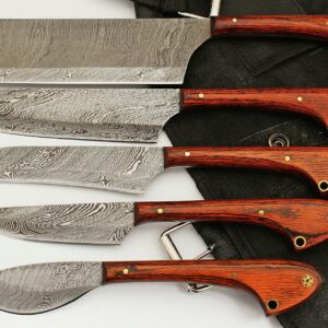 1033 Custom Made Damascus Steel 5 pcs Professional Kitchen Chef Knife Set with 5 Pocket Case Chef Knife Roll Bag by GladiatorsGuild (Red)