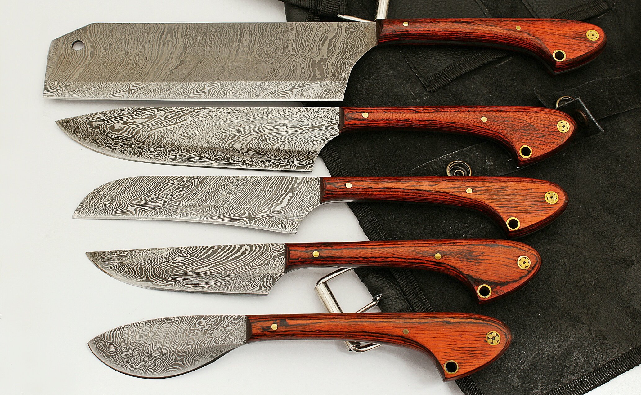 1033 Custom Made Damascus Steel 5 pcs Professional Kitchen Chef Knife Set with 5 Pocket Case Chef Knife Roll Bag by GladiatorsGuild (Red)