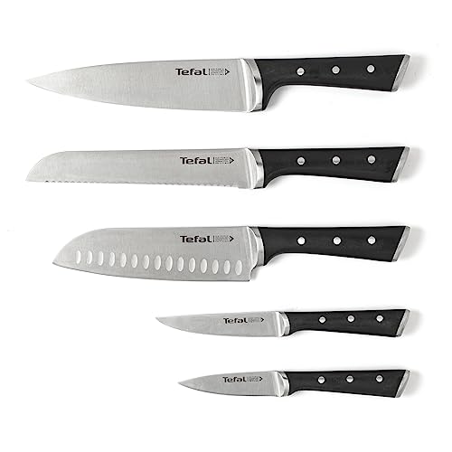 Tefal Ice Force K232S574 Wooden Block with 5 Slots and 5 Knives: Bread Knife 20 cm / Chef Knife 20 cm / Santoku Knife 18 cm / Paring Knife 11 cm / Carving Knife 9 cm