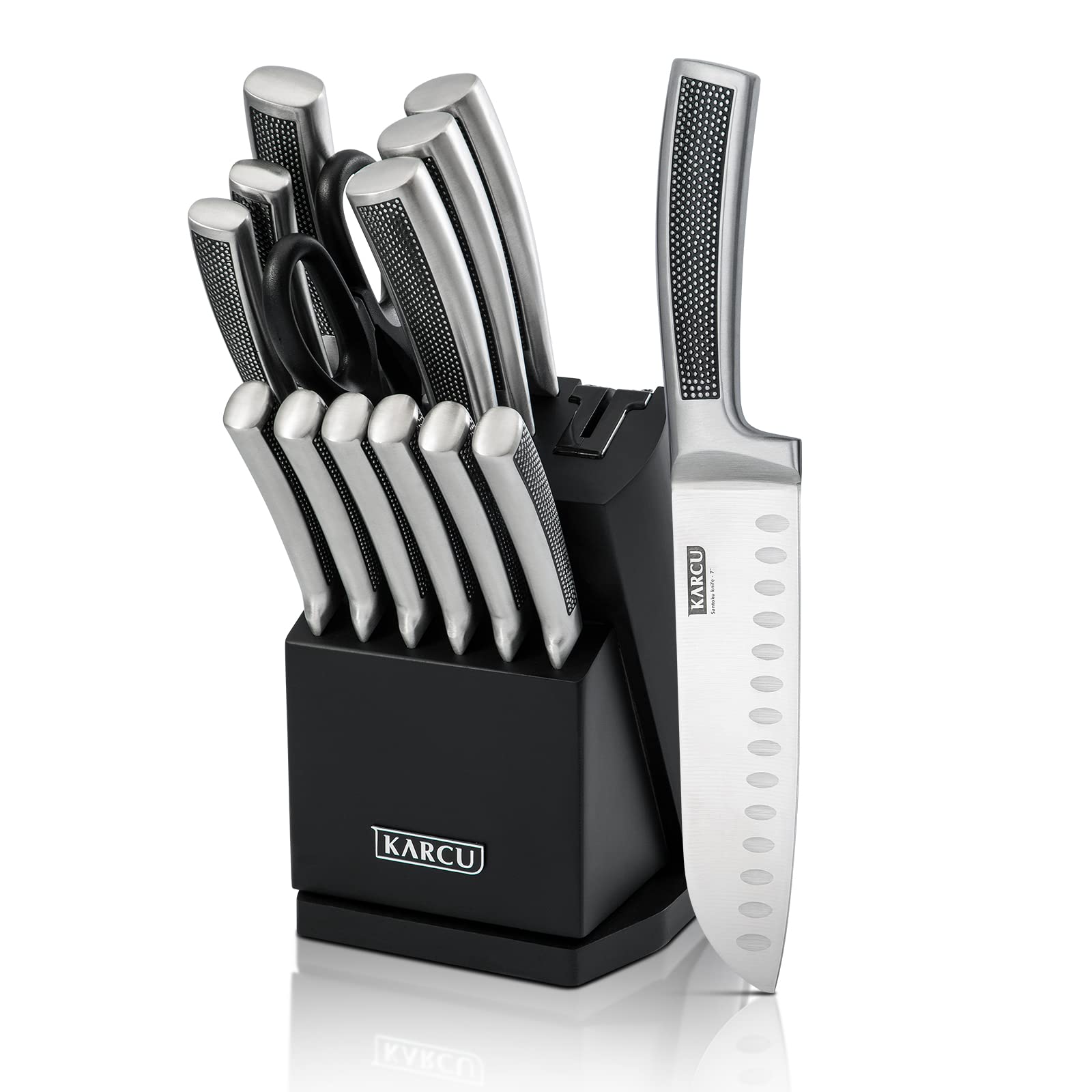 Karcu Kitchen Knife Set, German Steel Sharpener High Carbon Stainless Steel Knife Block Set