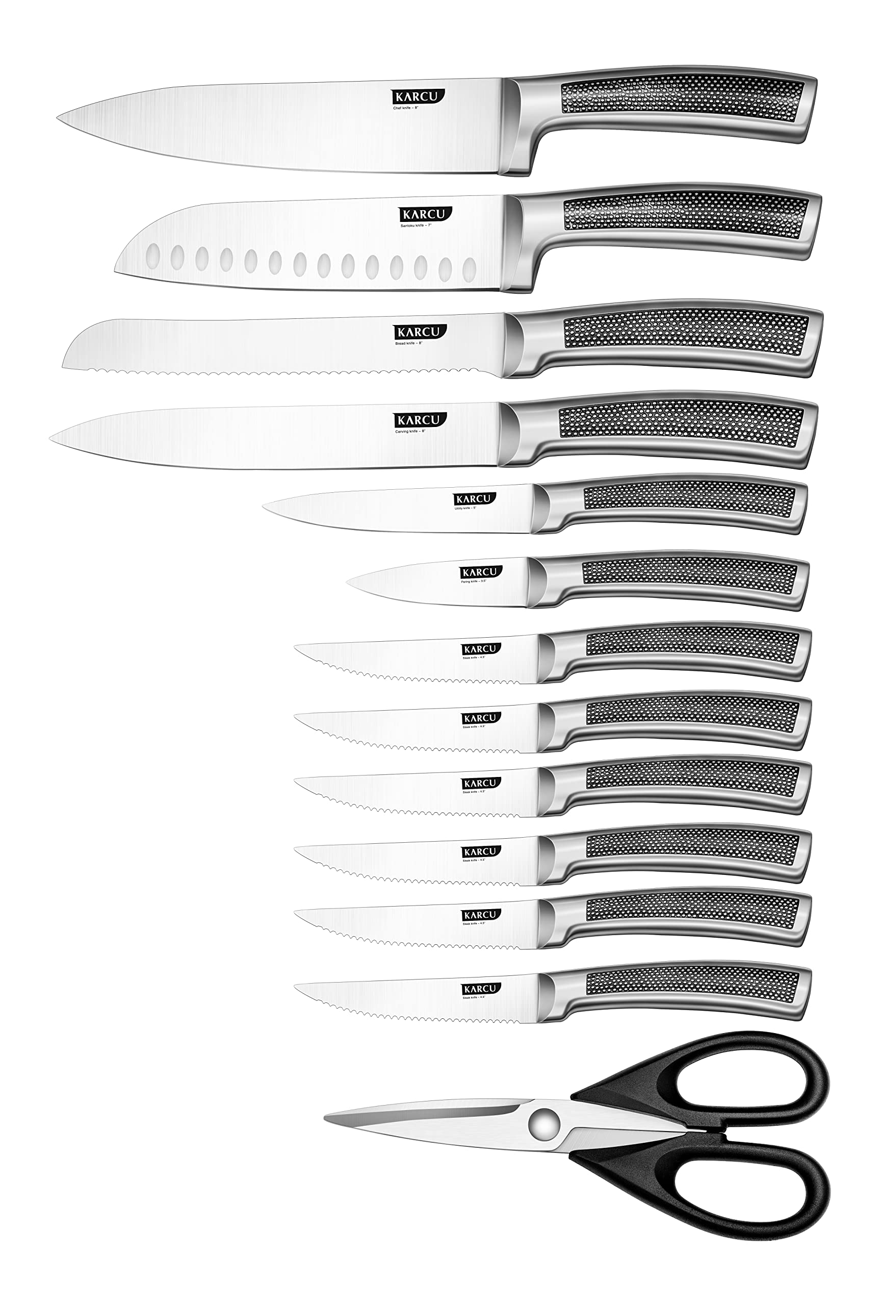 Karcu Kitchen Knife Set, German Steel Sharpener High Carbon Stainless Steel Knife Block Set