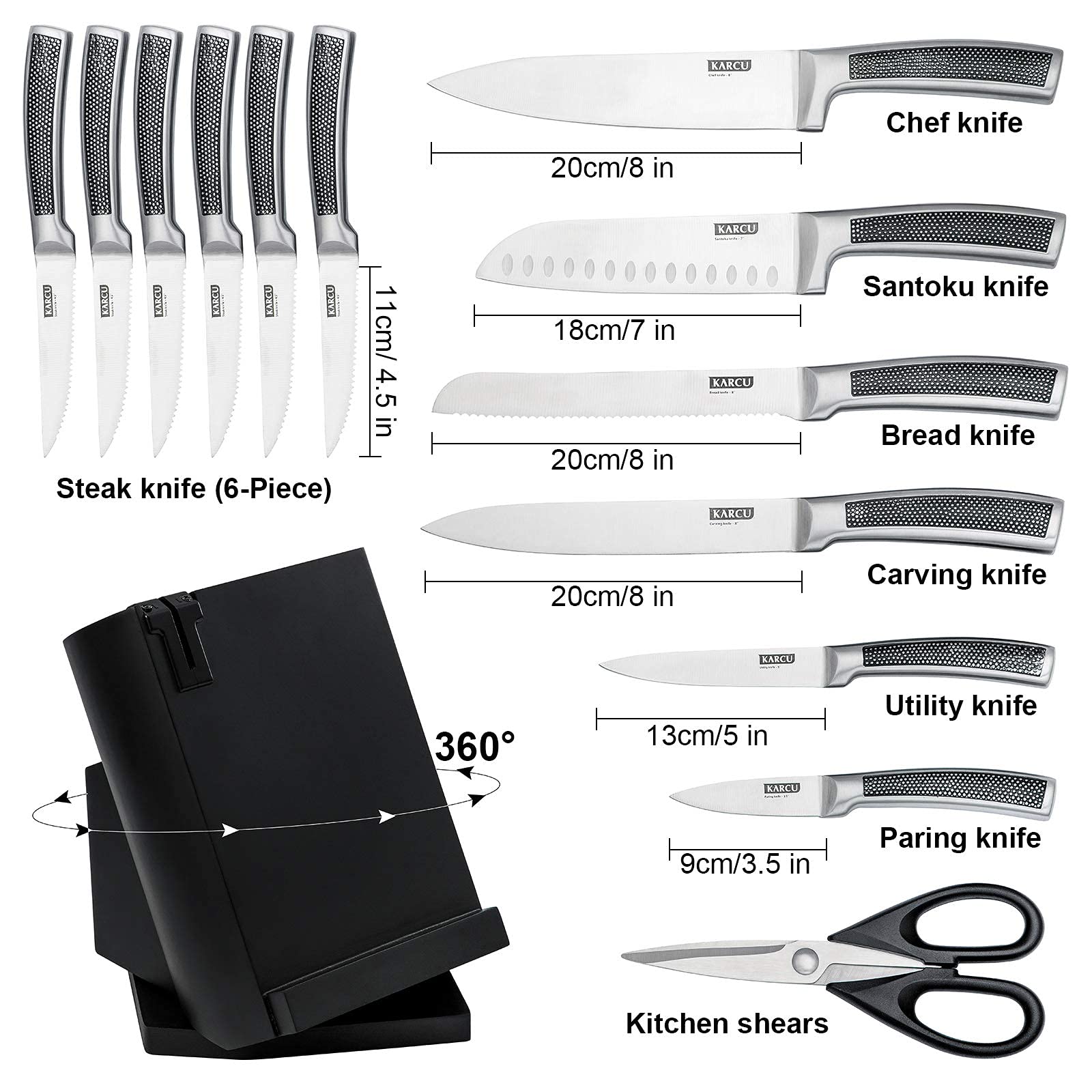 Karcu Kitchen Knife Set, German Steel Sharpener High Carbon Stainless Steel Knife Block Set