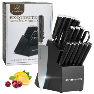 knife set, 18 pcs kitchen knives set with block, sharp german stainless steel knife block set, professional chef knives set for kitchen with serrated steak knives set, sharpener & finger guard, black