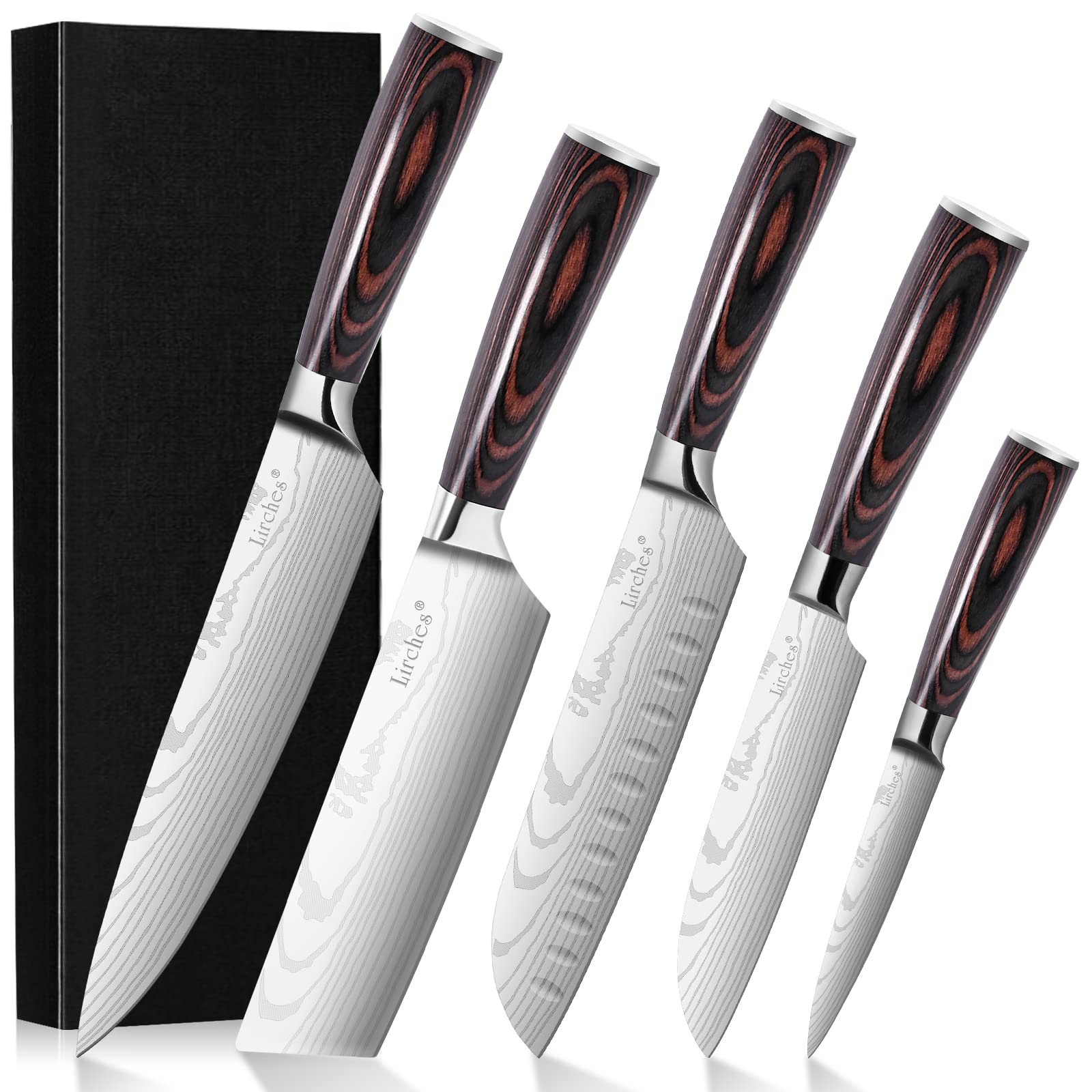 Lirches Kitchen Chef Knife Sets - 5PCS Chef Knife Set, Professional Japanese Ultra Sharp 4CR13 Stainless Steel Knives, 3.5-8 Inch Cooking Knife Set with Damascus Pattern