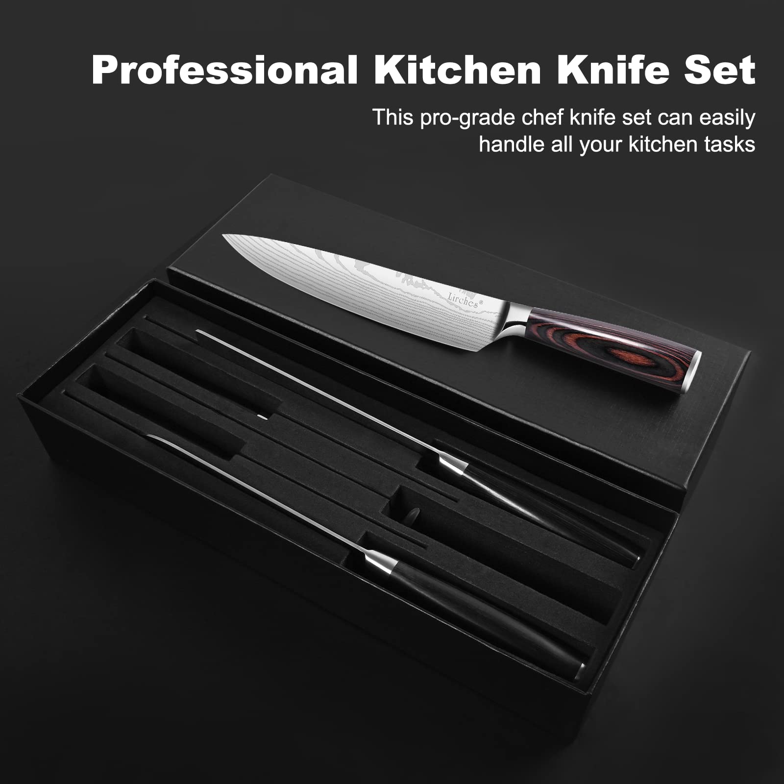 Lirches Kitchen Chef Knife Sets - 5PCS Chef Knife Set, Professional Japanese Ultra Sharp 4CR13 Stainless Steel Knives, 3.5-8 Inch Cooking Knife Set with Damascus Pattern