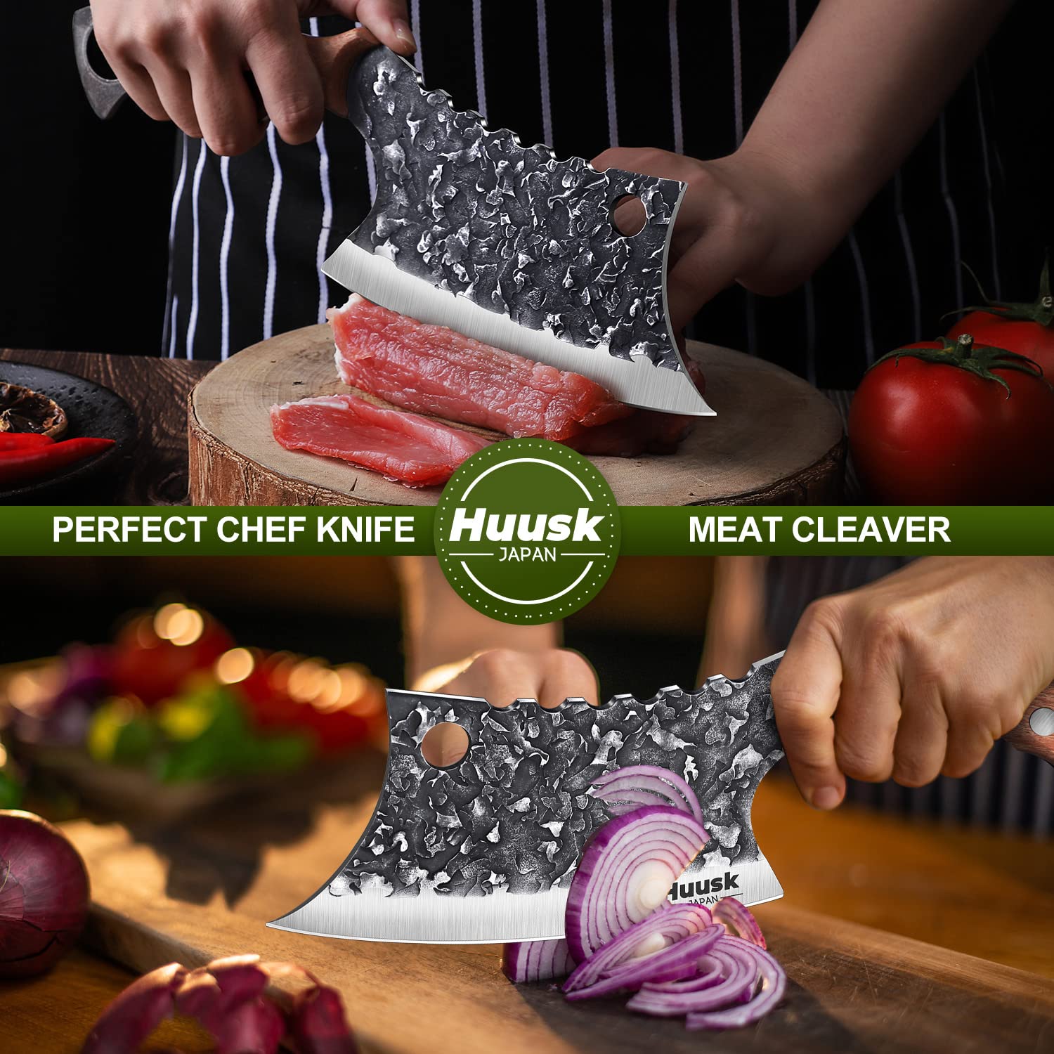 Huusk Collectible Knives Bundle Chef Knife & Carved Meat Cleaver Knife Hand Forged Butcher Knife with Leather Sheath and Gift Box