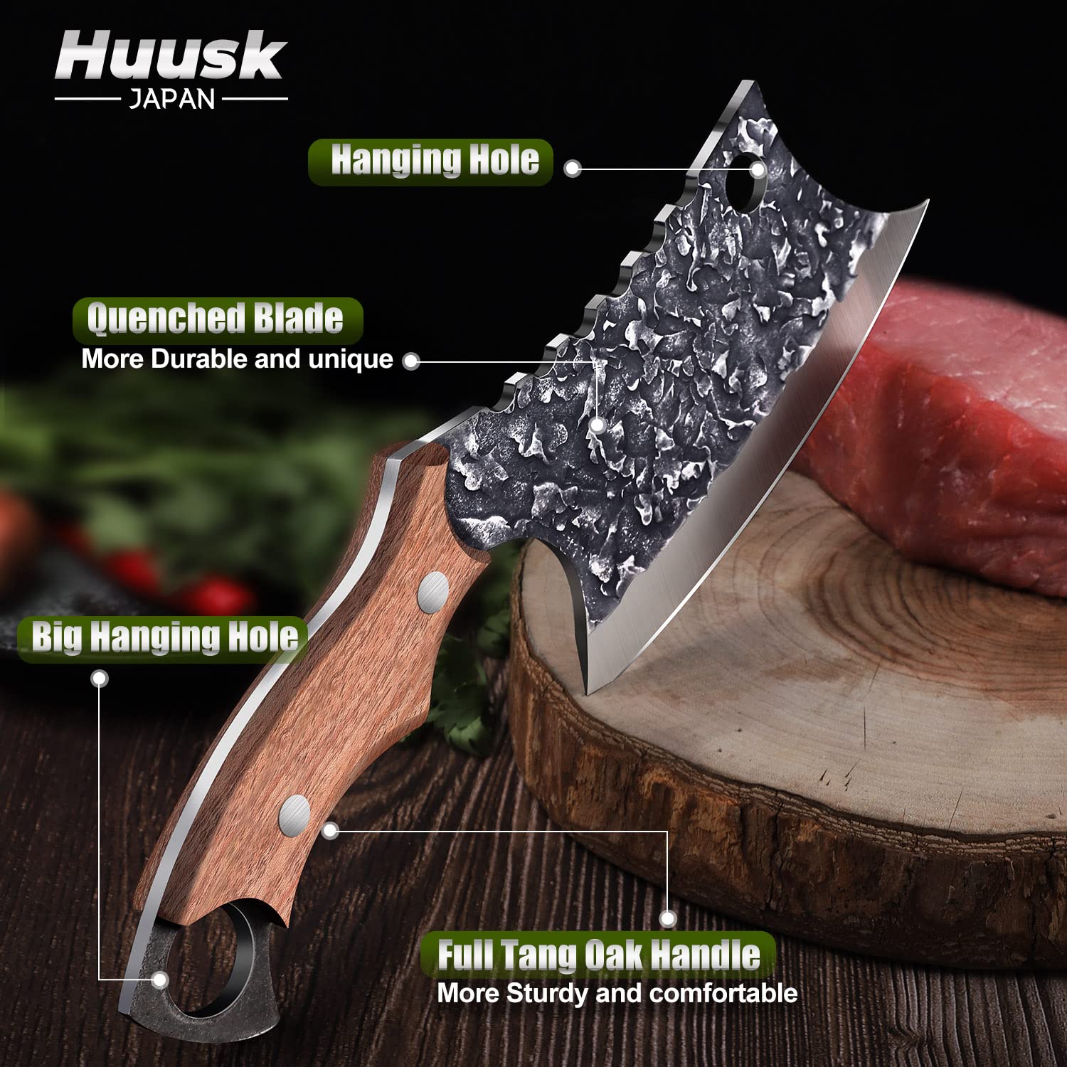 Huusk Collectible Knives Bundle Chef Knife & Carved Meat Cleaver Knife Hand Forged Butcher Knife with Leather Sheath and Gift Box