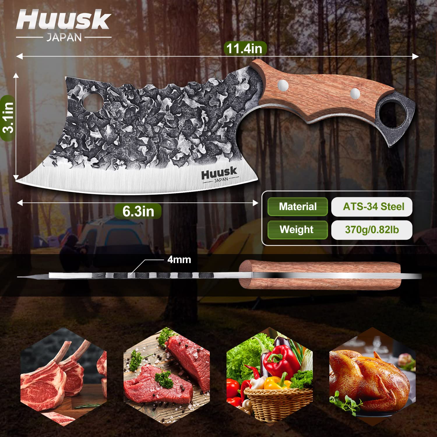 Huusk Collectible Knives Bundle Chef Knife & Carved Meat Cleaver Knife Hand Forged Butcher Knife with Leather Sheath and Gift Box