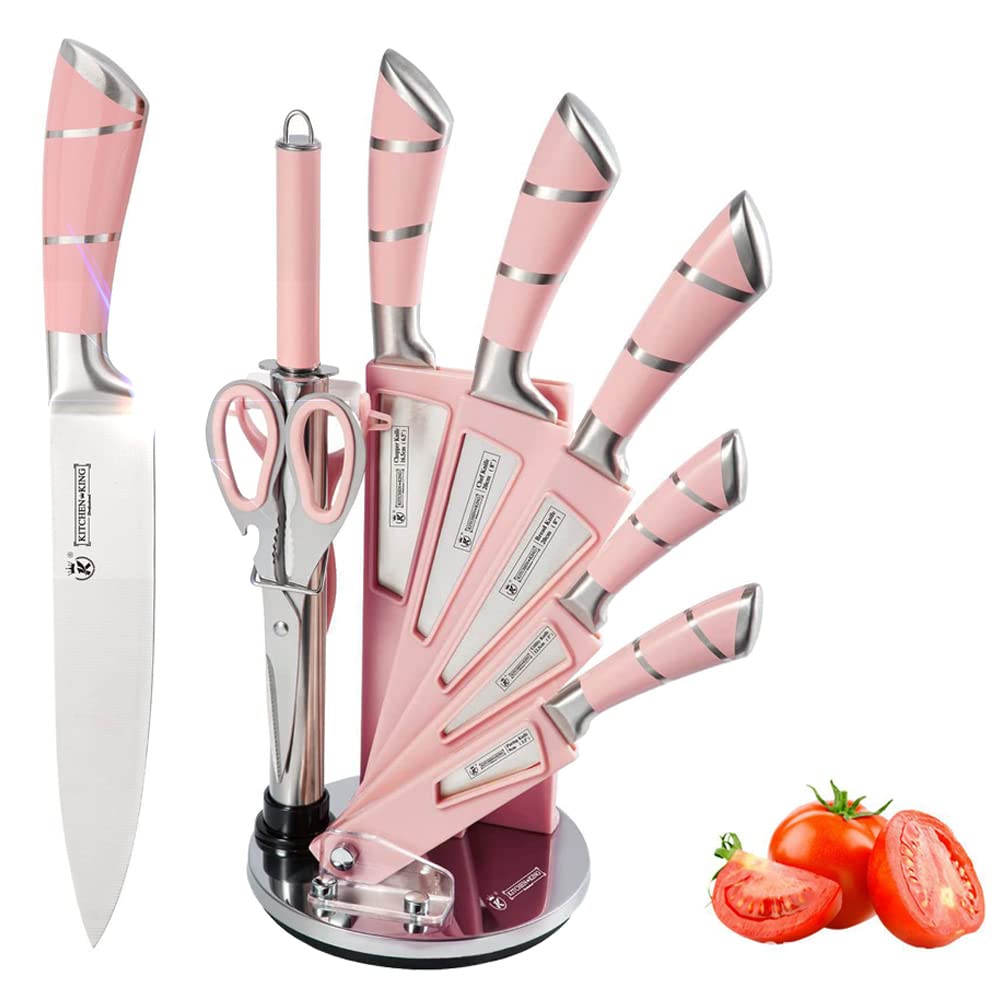 YF-TOW Knife Block Set, Kitchen Knife Set with Stand, 9 PCS Pink Sharp Stainless Steel Knife Set with Chef Knife,Bread Knife,Carving Knife,Scissors and Knife Sharpener (Pink)