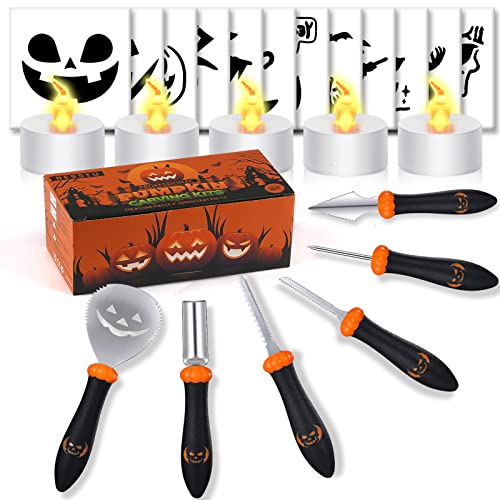 NESSTU Halloween Pumpkin Carving Kit Tools 23 PCS Heavy Duty Stainless Steel Pumpkin Carver Set with Stencils Candles, Lengthening and Thickening Simple & Safe Carving Tools for Kids & Adults