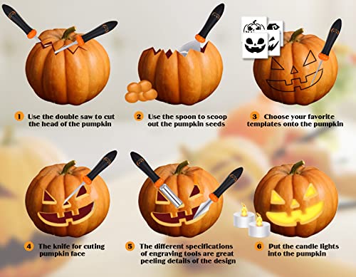 NESSTU Halloween Pumpkin Carving Kit Tools 23 PCS Heavy Duty Stainless Steel Pumpkin Carver Set with Stencils Candles, Lengthening and Thickening Simple & Safe Carving Tools for Kids & Adults