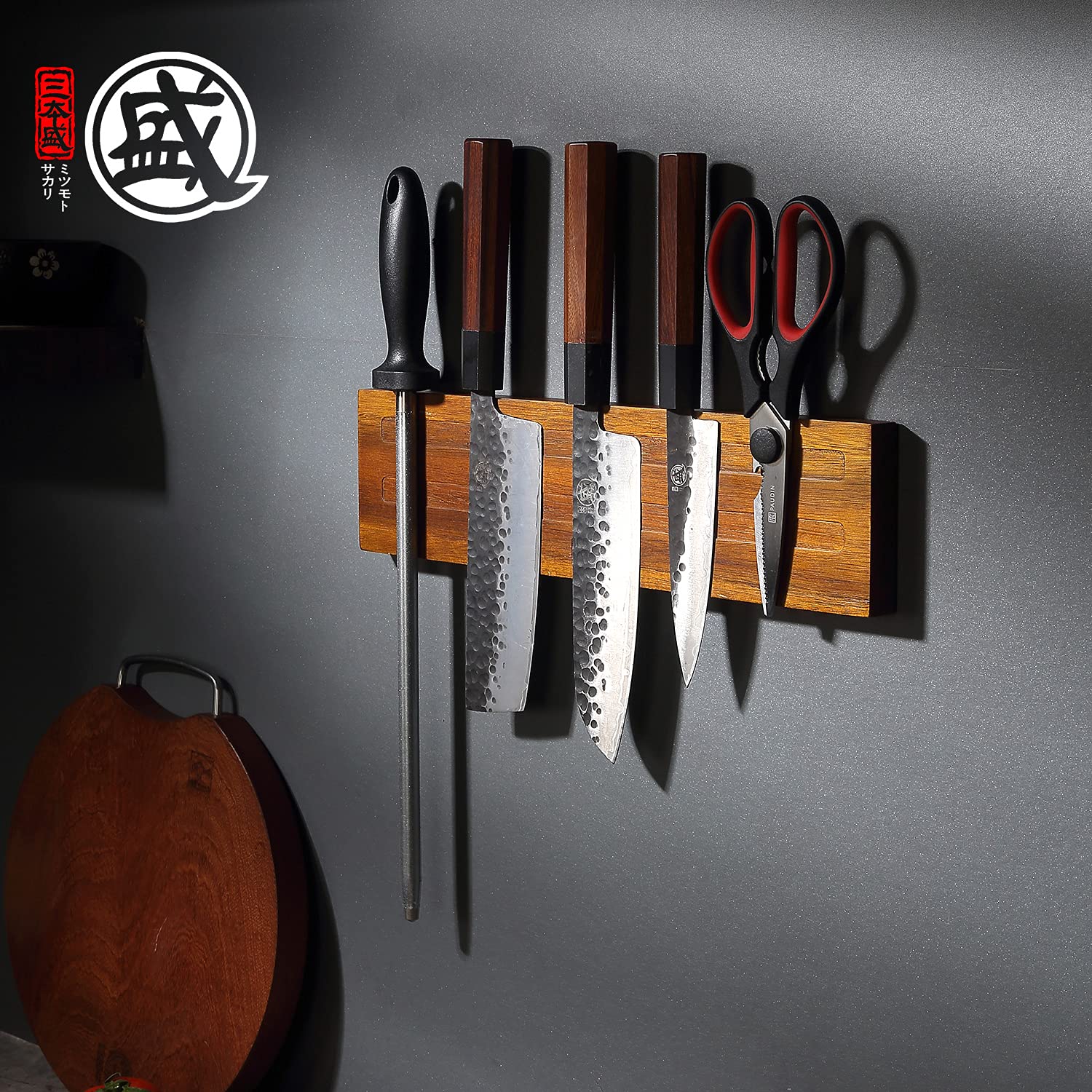 MITSUMOTO SAKARI Japanese 15" Magnetic Knife Holder for Wall, Precious Acacia Wood Magnetic Knife Strip, Space-Saving Knife Holder Magnetic for Kitchen Knives & Tools