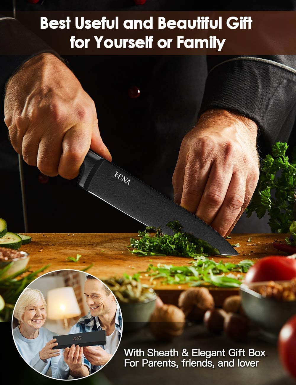 EUNA kitchen knife 8 inches Integrated with sheath & gift box Chef's knife Durable, ultra-sharp cutlery knife with ergonomic handle for culinary cutting. Cutting meat vegetables