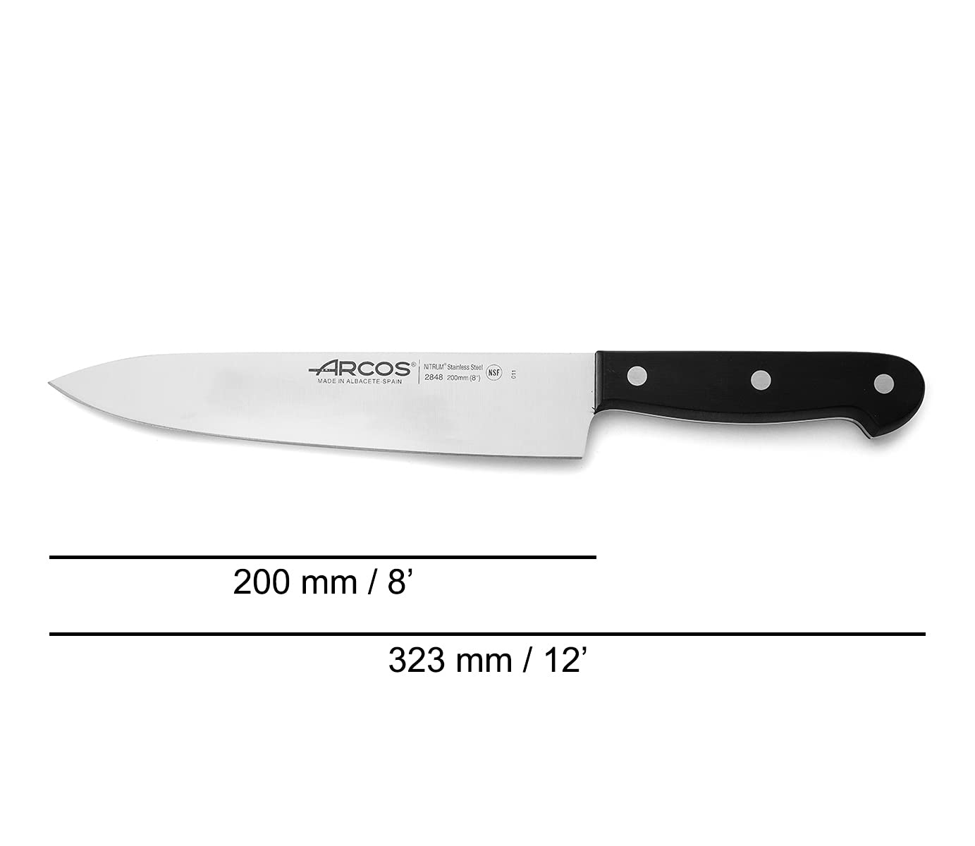 Arcos Chef Knife 8 Inch Stainless Steel. Cooking Knife to Cut and Peel Small Food. Ergonomic Polyoxymethylene Handle and 200mm Blade. Series Universal. Color Black