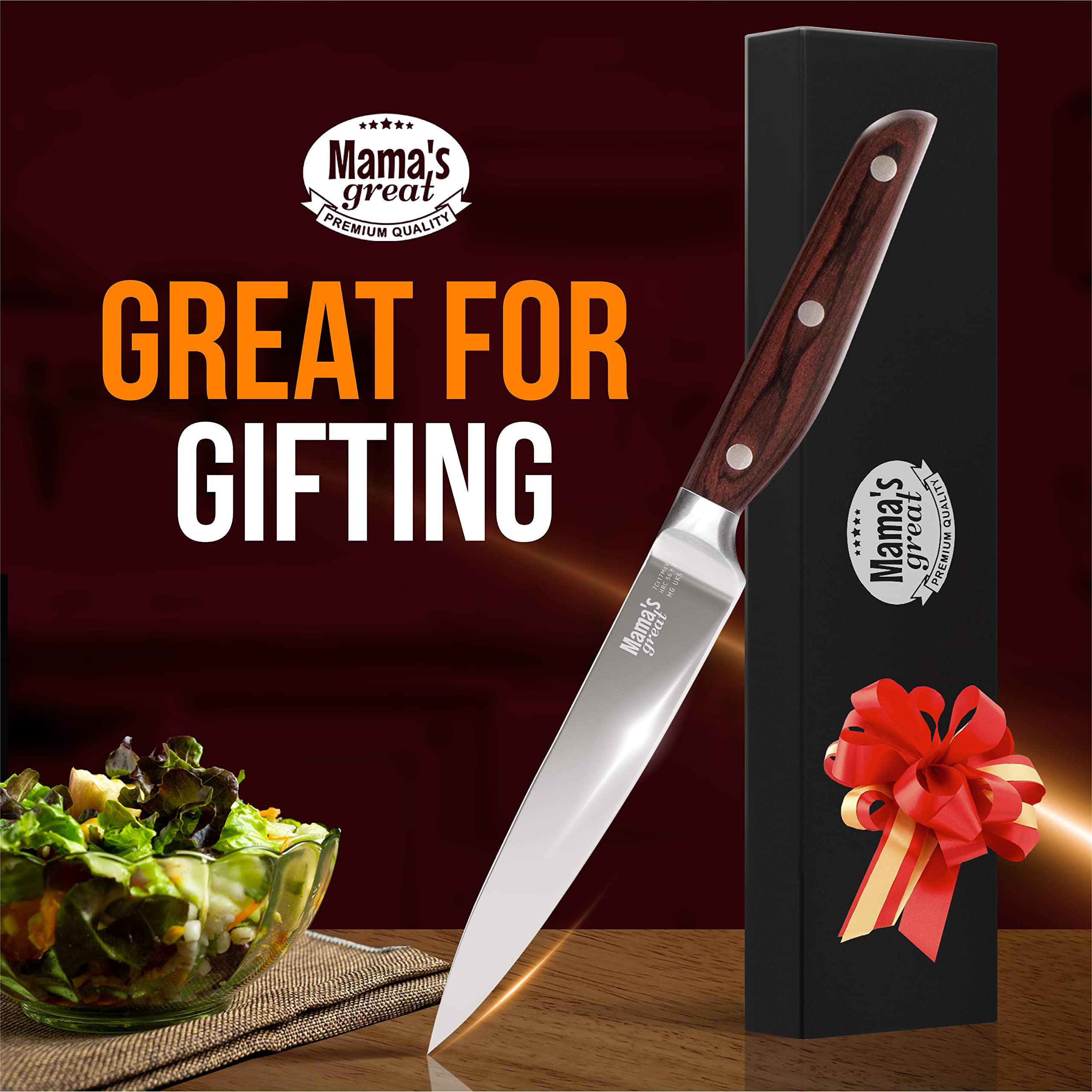 Mama's Great 5 inch Kitchen Utility Knife with Razor Sharp 7cr17mov High Carbon Stainless Steel Full Tang Blade and Ergonomic Non-Slip Pakkawood Handle