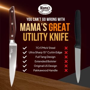 Mama's Great 5 inch Kitchen Utility Knife with Razor Sharp 7cr17mov High Carbon Stainless Steel Full Tang Blade and Ergonomic Non-Slip Pakkawood Handle