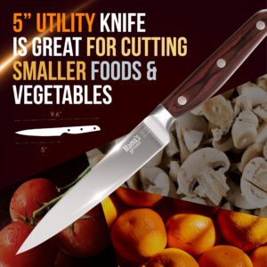 Mama's Great 5 inch Kitchen Utility Knife with Razor Sharp 7cr17mov High Carbon Stainless Steel Full Tang Blade and Ergonomic Non-Slip Pakkawood Handle