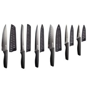 Black Kitchen Knife Set of 6, Stainless Steel Knife Set with Blade Protective Knife Sheath, Cutting Knife with Frosted Non-Slip Handle, Chopping Knife, Bread Knife, Gift Box