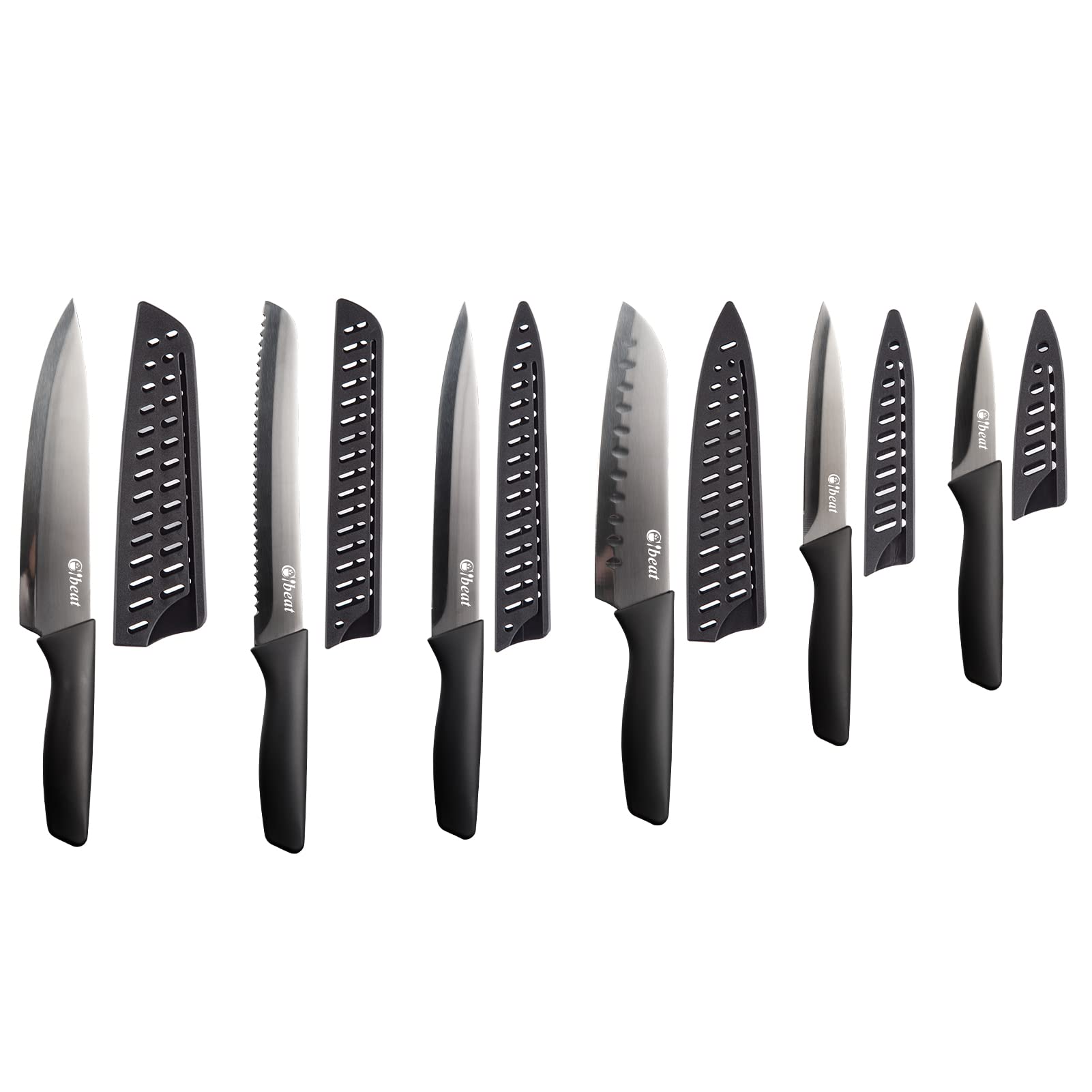 Black Kitchen Knife Set of 6, Stainless Steel Knife Set with Blade Protective Knife Sheath, Cutting Knife with Frosted Non-Slip Handle, Chopping Knife, Bread Knife, Gift Box