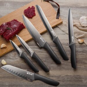 Black Kitchen Knife Set of 6, Stainless Steel Knife Set with Blade Protective Knife Sheath, Cutting Knife with Frosted Non-Slip Handle, Chopping Knife, Bread Knife, Gift Box