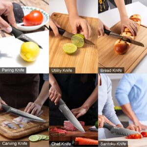 Black Kitchen Knife Set of 6, Stainless Steel Knife Set with Blade Protective Knife Sheath, Cutting Knife with Frosted Non-Slip Handle, Chopping Knife, Bread Knife, Gift Box