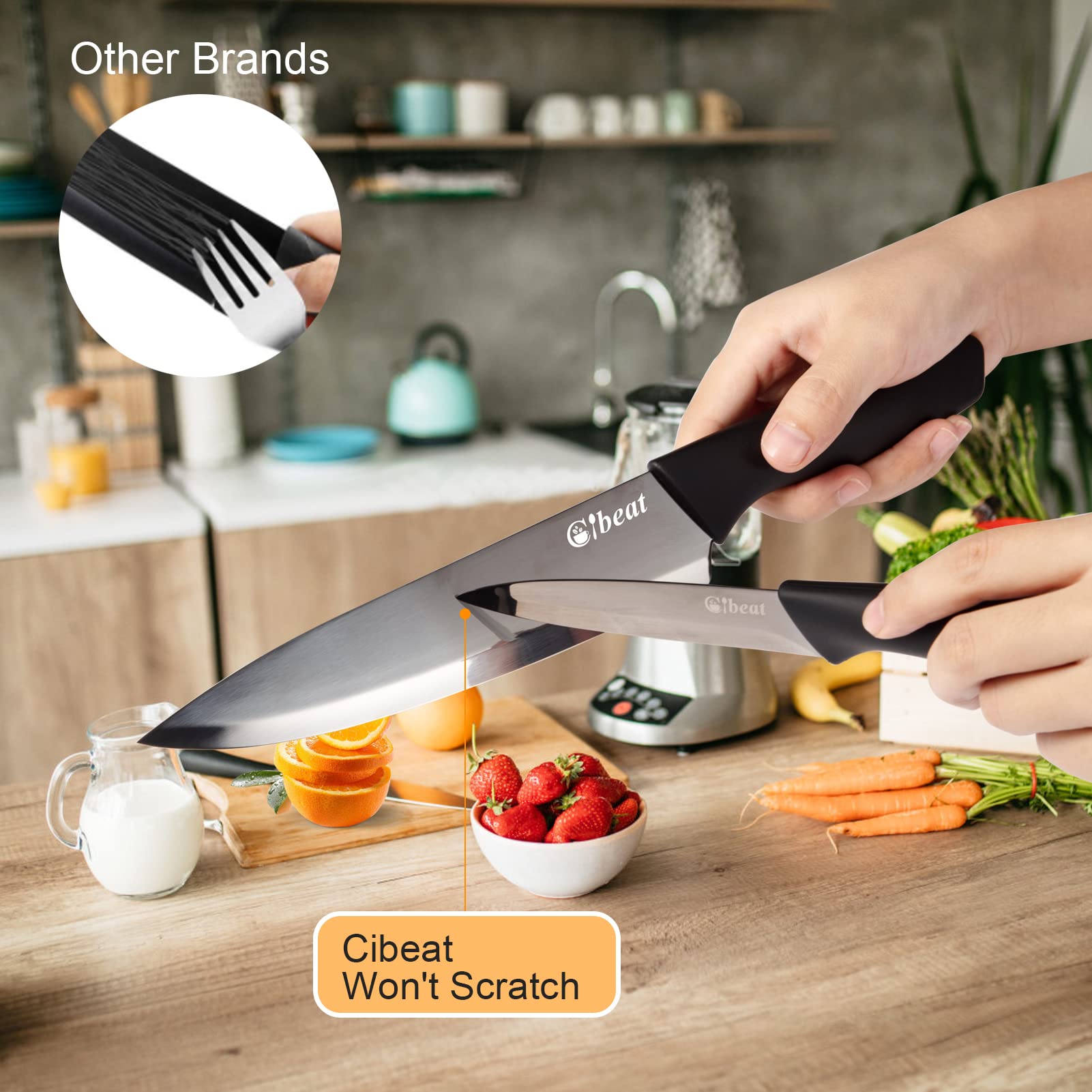 Black Kitchen Knife Set of 6, Stainless Steel Knife Set with Blade Protective Knife Sheath, Cutting Knife with Frosted Non-Slip Handle, Chopping Knife, Bread Knife, Gift Box