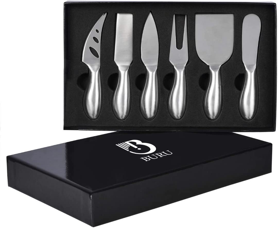 BURU Cheese Knives Set 6-Piece Stainless Steel Cheese Knife Set for Charcuterie with Spreader, Fork and Case with best cheese knives Great Gift Set and best cheese knife with full-length blades