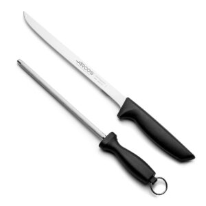 ARCOS 2 Piece Carving Knife Set. Ham Slicer Knife and Chaira Sharpener in Stainless Steel with Ergonomic Polypropylene Handle. Series Niza. Color Black