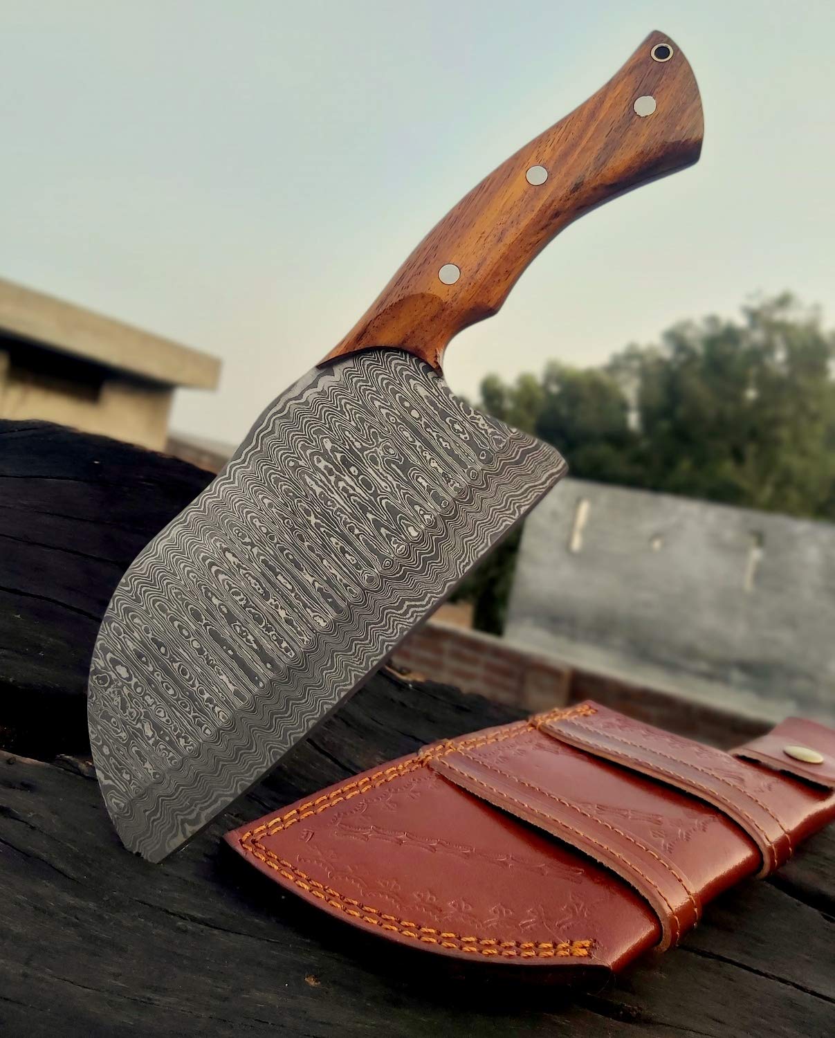 JNR Traders Handmade Damascus Steel Cleaver Knife Serbian Chef Knife with Sheath Butcher knife Meat Cleaver JNR-5518