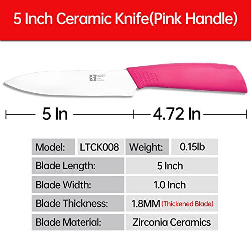 LIANGTAI Ceramic Knife 5 Inch Kitchen Utility Knife【Blade Thickness 1.8mm】 (Pink Handle)