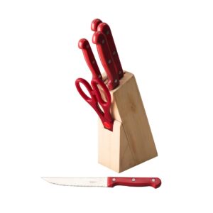 home basics 7 piece knife set, red | wooden block included for storage | comfortable grip | non-slip handles | bright red | heavy duty stainless steel