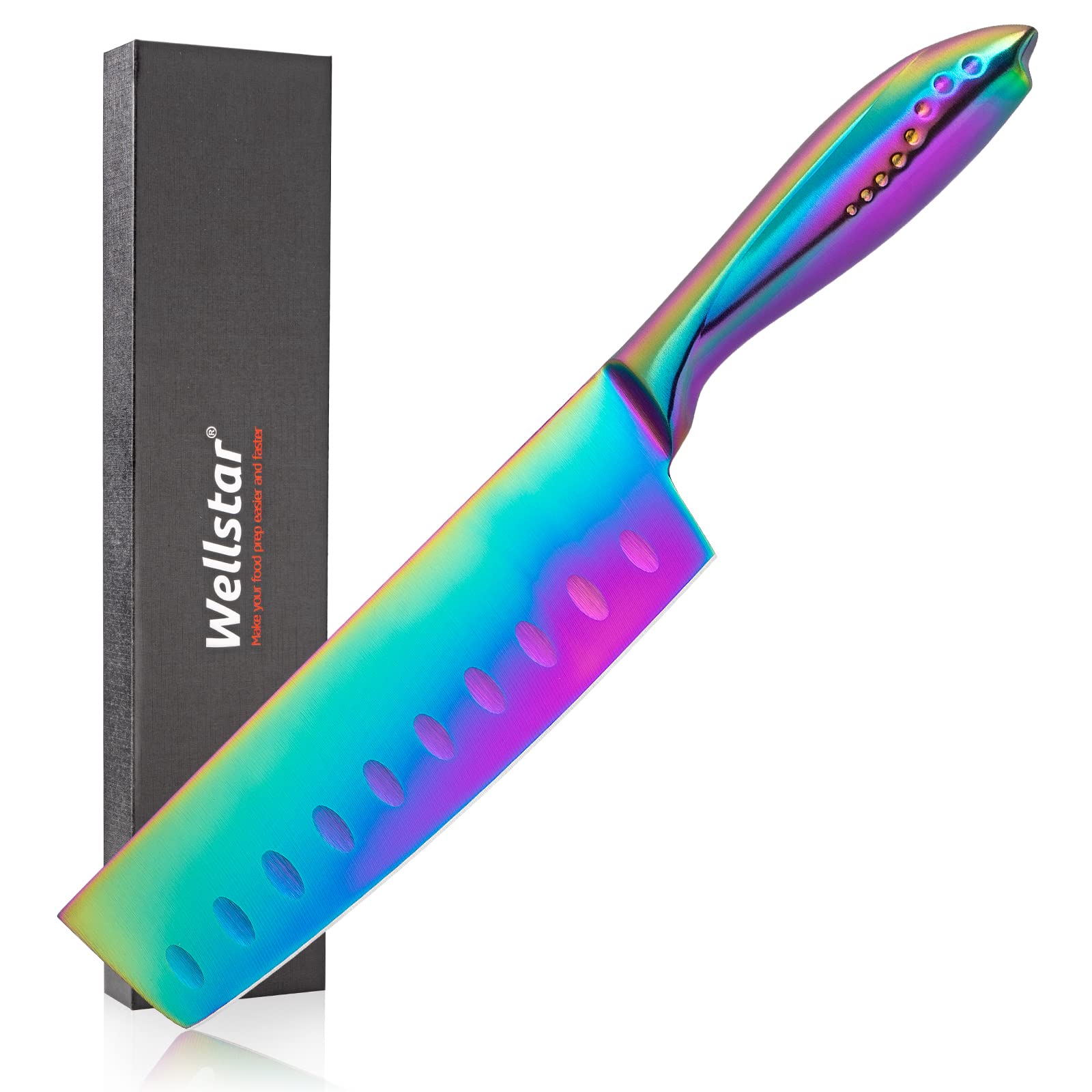 WELLSTAR Nakiri Knife 7 Inch, Razor Sharp German Stainless Steel Meat Vegetable Cleaver, Multi-purpose Asian Kitchen Knife for Home Chef’s Cooking with Rainbow Titanium Coating, Strong Durable Handle