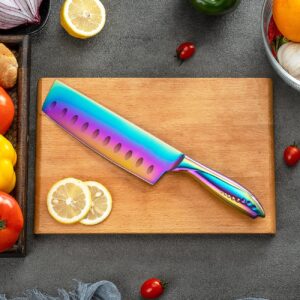 WELLSTAR Nakiri Knife 7 Inch, Razor Sharp German Stainless Steel Meat Vegetable Cleaver, Multi-purpose Asian Kitchen Knife for Home Chef’s Cooking with Rainbow Titanium Coating, Strong Durable Handle