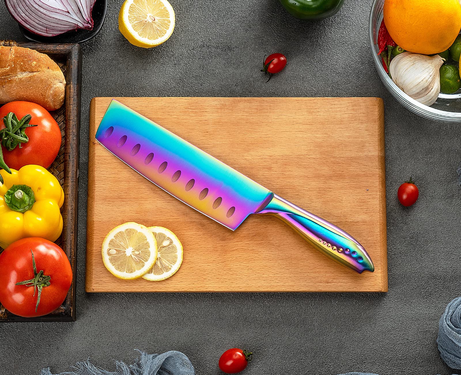 WELLSTAR Nakiri Knife 7 Inch, Razor Sharp German Stainless Steel Meat Vegetable Cleaver, Multi-purpose Asian Kitchen Knife for Home Chef’s Cooking with Rainbow Titanium Coating, Strong Durable Handle