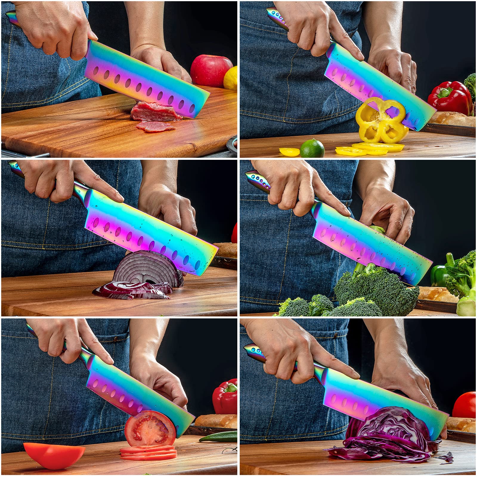 WELLSTAR Nakiri Knife 7 Inch, Razor Sharp German Stainless Steel Meat Vegetable Cleaver, Multi-purpose Asian Kitchen Knife for Home Chef’s Cooking with Rainbow Titanium Coating, Strong Durable Handle