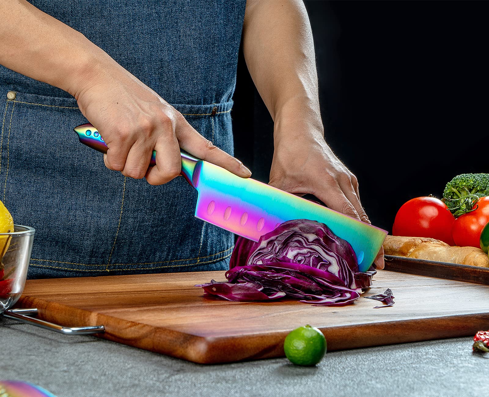 WELLSTAR Nakiri Knife 7 Inch, Razor Sharp German Stainless Steel Meat Vegetable Cleaver, Multi-purpose Asian Kitchen Knife for Home Chef’s Cooking with Rainbow Titanium Coating, Strong Durable Handle