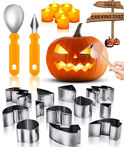 21 Pack Pumpkin Carving Kit, DIY Pumpkin Carving Tools with 6 Lights, Stainless Steel Pumpkin Stencils, Halloween Professional Pumpkin Carving Kit for Adult, Pumpkin Carving Set Gifts for kids