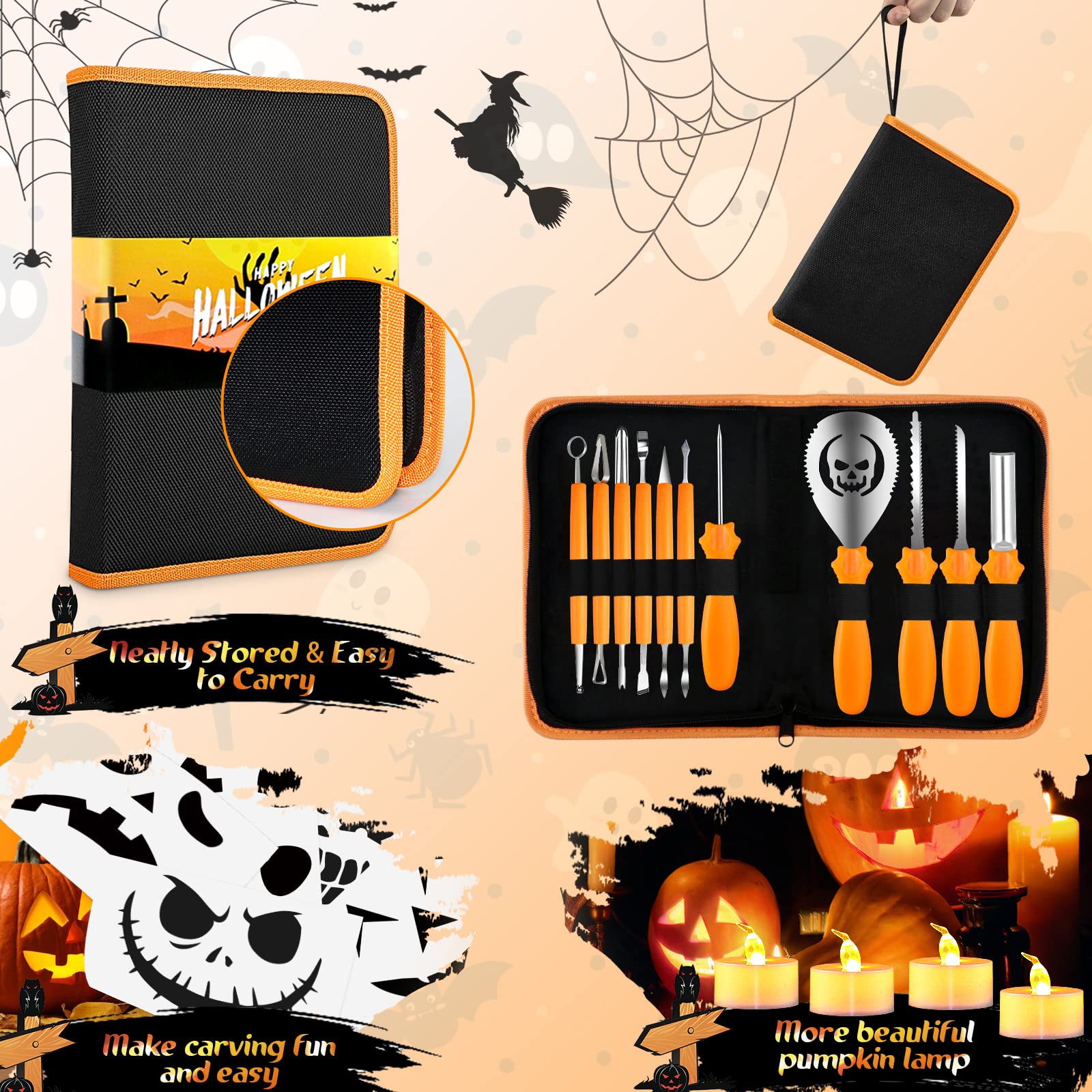 WOWBALA Pumpkin Carving Kit Tools: 25PCS Professional Halloween Pumpkin Carving Set with Stencils for Kids Adults - Heavy Duty Pumpkins Scraping Bulk for Jack-O-Lanterns Decoration