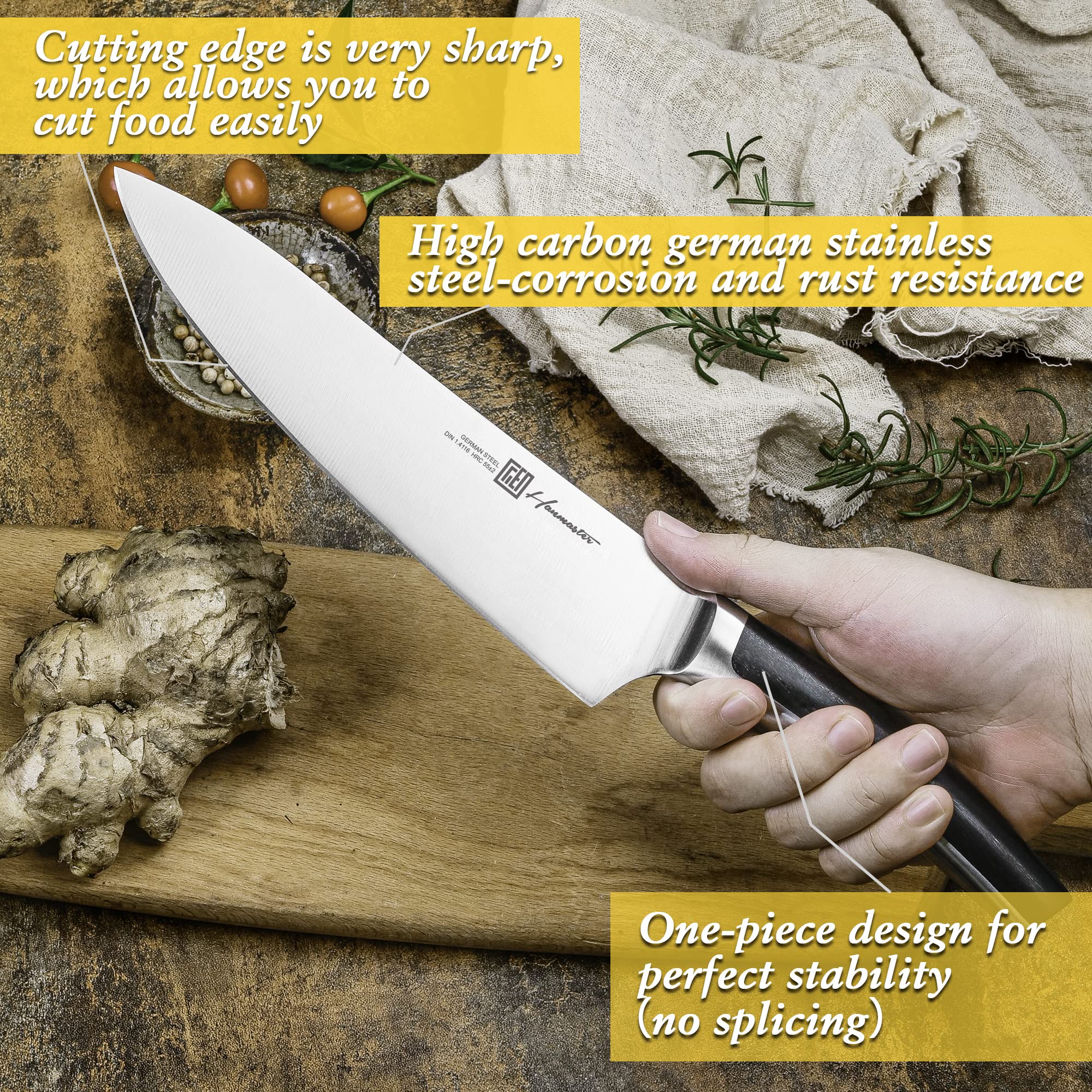 Hanmaster Chef Knife, 8-inch German Steel Sharp Chefs Knife with Non-slip Handle, Ideal Comfortable Grip Kitchen Knife for Home and Restaurants.