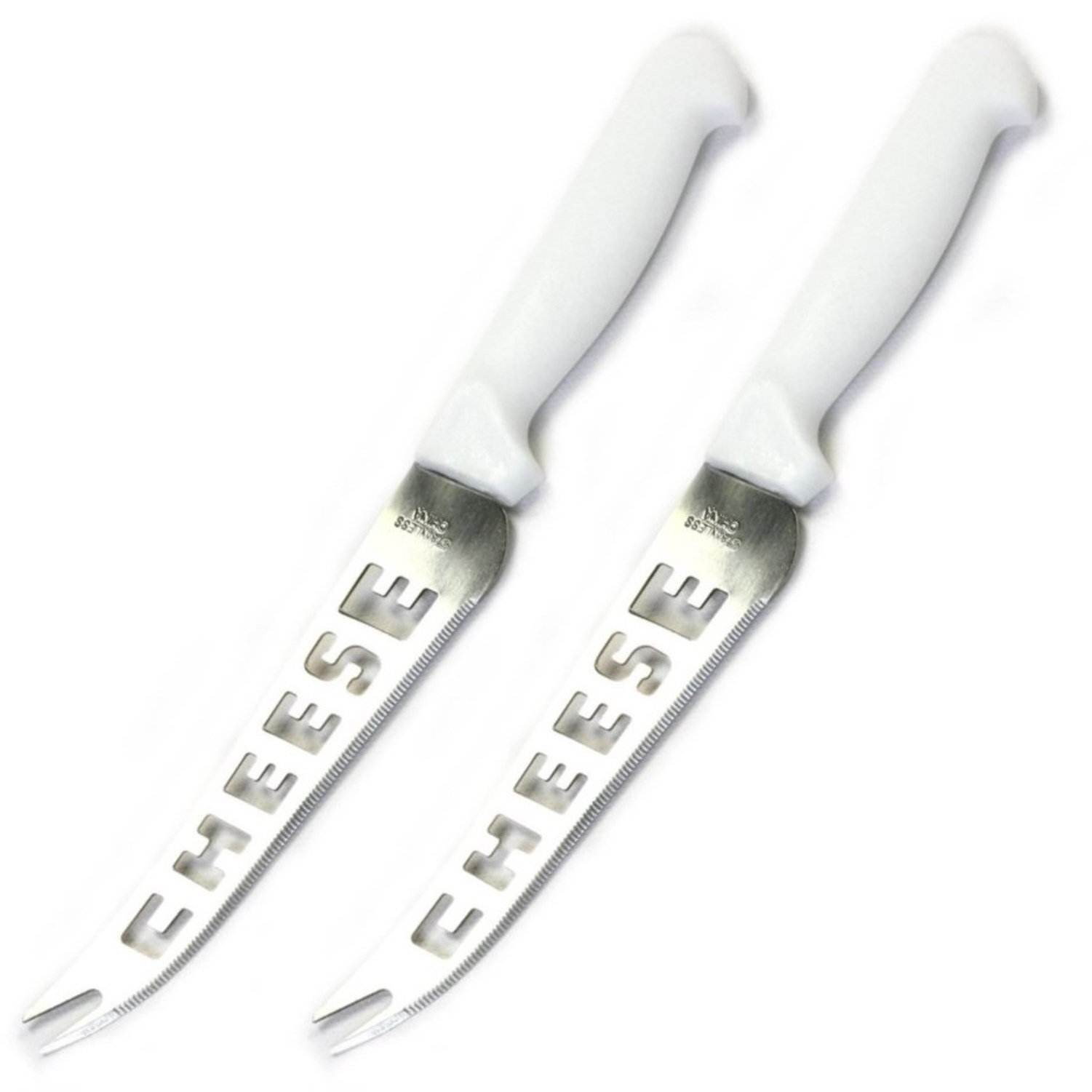 Set of 2 Cheese Knives with White Handles, Classic Fork Tip Stainless Steel Blade