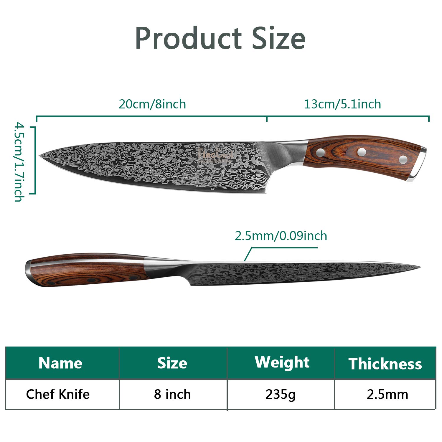 FineTool Kitchen Knife, 8 inch Professional Chef's Knives Japanese 7Cr17 Stainless Steel Vegetable Cleaver with pakkawood Wood, Sharpest Cooking Knives Best Choice for Home Kitchen and Restaurant